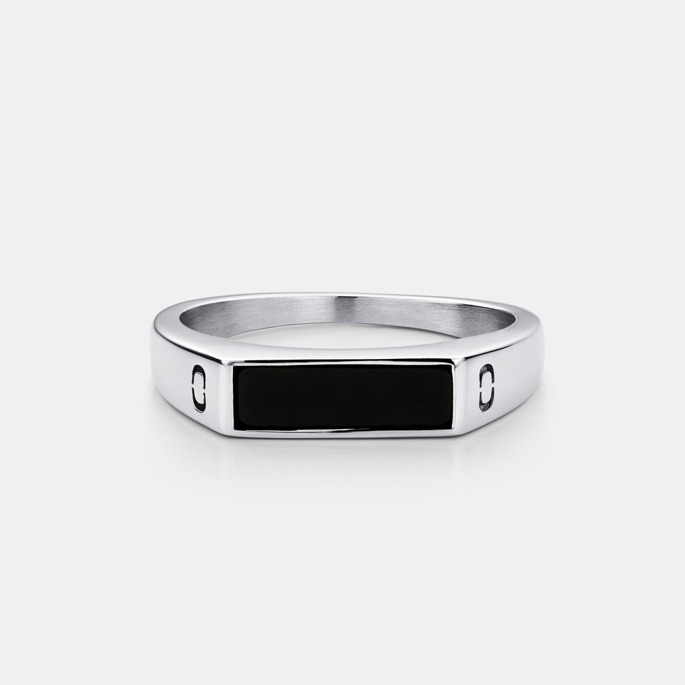 Men's Black Onyx Rectangle Stone Ring (Silver)