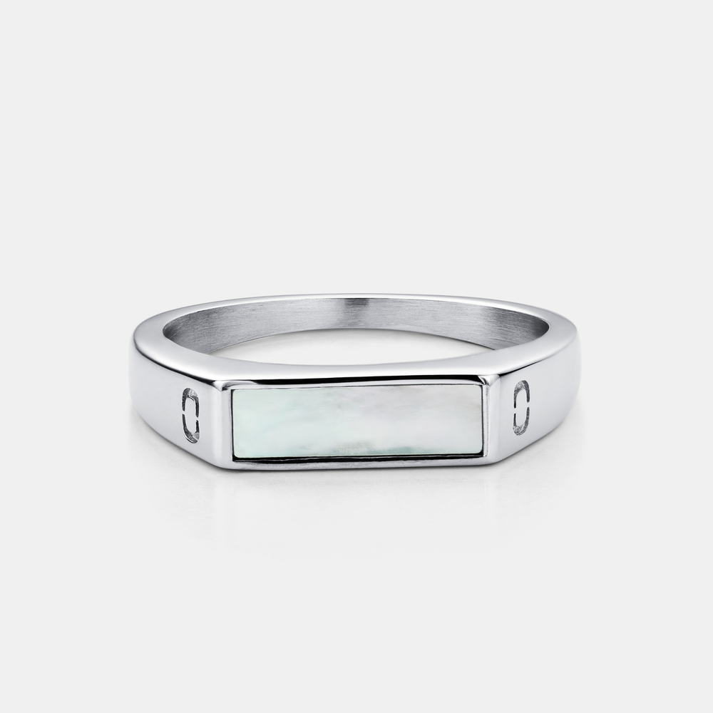 Men's White Rectangle Stone Ring (Silver)