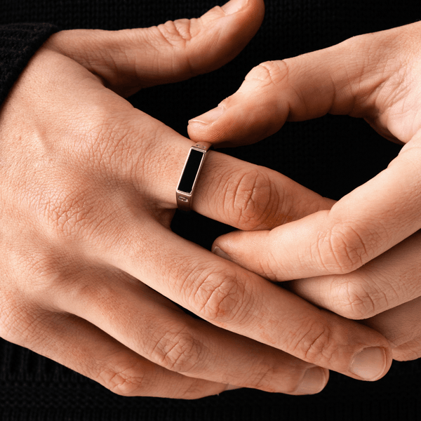 Men's Black Onyx Rectangle Stone Ring (Silver)