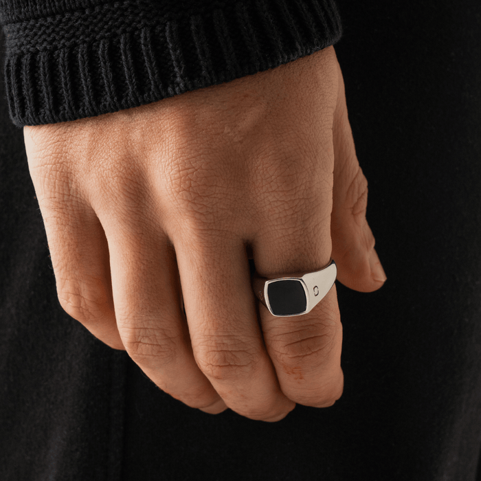 Men's Black Onyx Square Stone Ring (Silver)