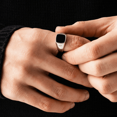Men's Black Onyx Square Stone Ring (Silver)